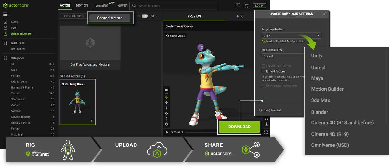 Easily share animated 3D characters to team members around the globe, with optimized download ...