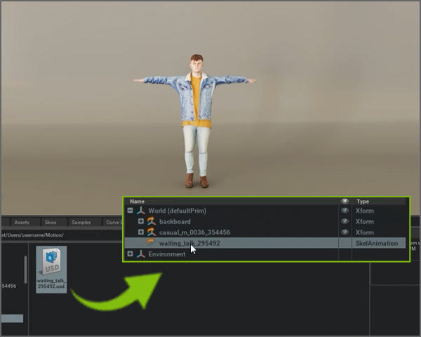 In Omniverse, drag the actor to the Stage, and then directly drag motion onto the actor.