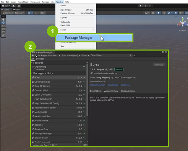 In the menu bar, select "Window > Package Manager" to start installing ...