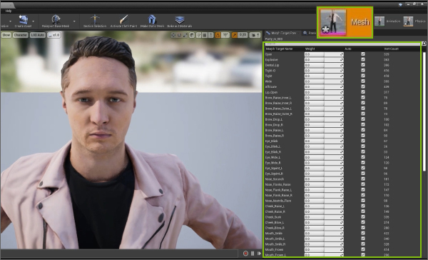 Select the skeletal mesh to view the facial morph sliders.