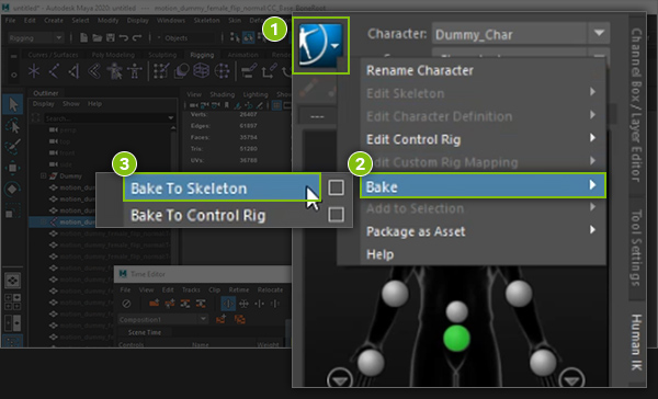 Click the "HIK" icon, select "Bake" > "Bake to Skeleton."
