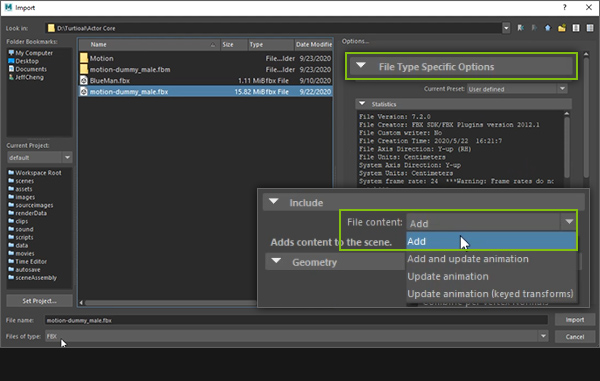 Select "Add" in "File content", then click "Import".