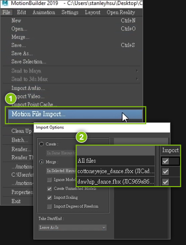 Import the FBX motion file