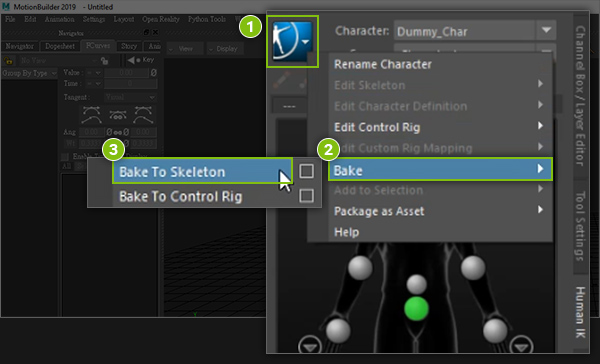 Click the "HIK" icon, select "Bake" > "Bake to Skeleton".