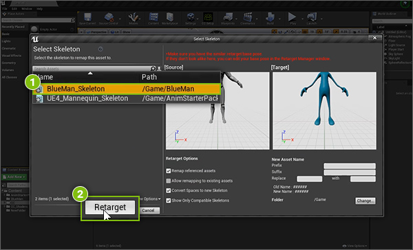 Choose your own character, and click "Retarget".